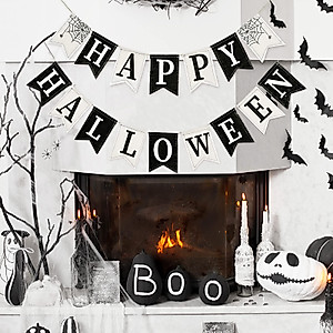 Whaline 2Pcs Happy Halloween Burlap Banner White Black Halloween Party Banner Holiday Hanging Bunting Garland Sign for Halloween Party Supplies Fireplace Wall Porch Decors Photo Prop