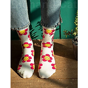 IIG 3-6 Pairs Womens Cute Animal Patterned Funny Novelty Cotton Crew Socks (Flower 2-5 pairs)