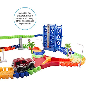 Vokodo Race Car Track Set Toy Educational Twisted Flexible Tracks 240 Pcs 2 Cars Toy with Lifter, Bridge ,Trees, Gas Station for Kids Children Toys