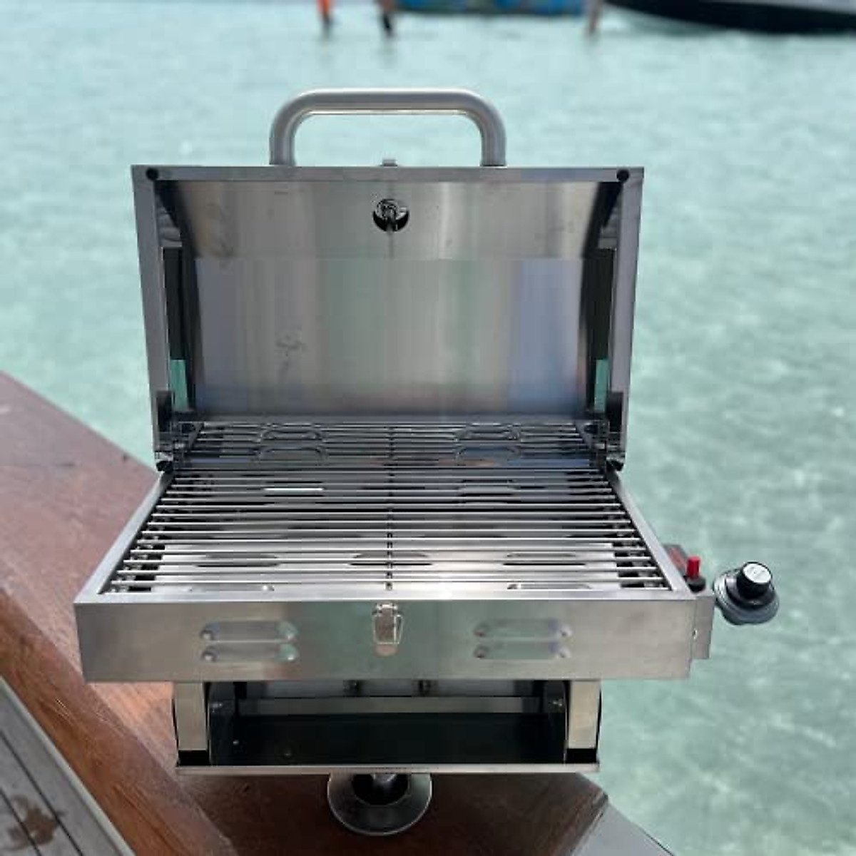 Boat Grill with Mount - Portable Propane Gas BBQ - Grills Secure into Rod Holder | Adjustable Legs for Table Top Use | Stainless Steel Marine Stove -Great Outdoor Barbecue