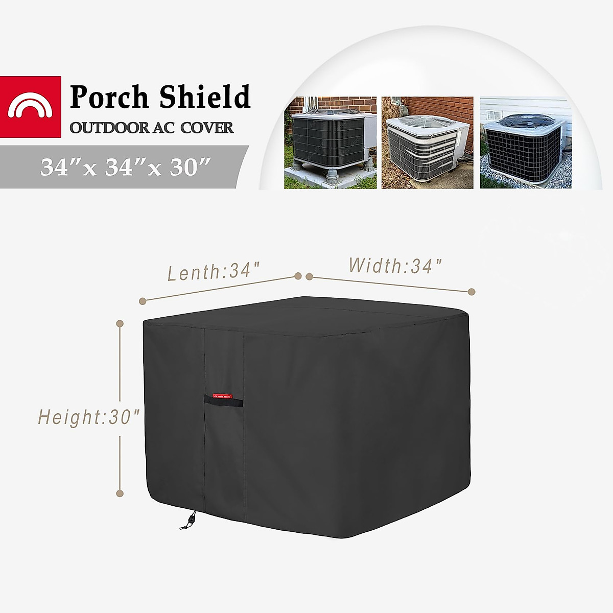 Porch Shield 600D Waterproof Air Conditioner Covers for Outside Units Square AC Cover Black - 34 x 34 x 30 inch