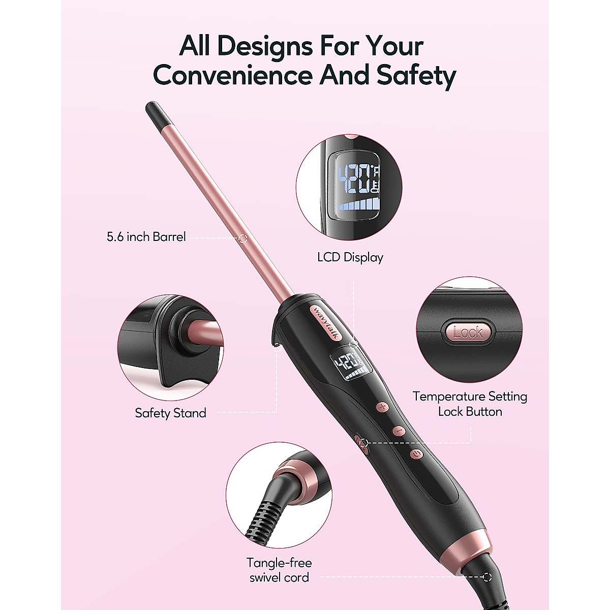 Wavytalk 3/8 Inch Small Curling Iron, Small Curling Iron Wand for Short & Long Hair, Ceramic Small Barrel Curling Iron with Adjustable Temperature, Include Heat Resistant Glove (Rose Pink)