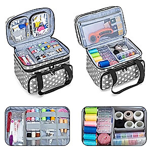 BAFASO Double Layer Sewing Accessories Organizer with 2 Detachable Pouches, Large Sewing Storage Bag for Sewing Tools, Polka Dots