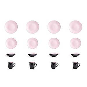 HomeVss Stoneware Two-Tone Colors Life 16pc Dinner Set，Outside Shiny Black + Inside Matte Glaze Rose