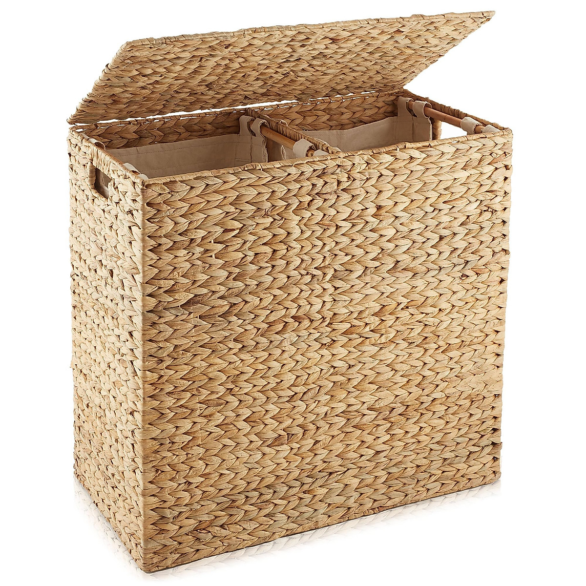 Casafield 2-Section Laundry Hamper with Removable Liner Bags - Natural, Woven Water Hyacinth Double Laundry Basket Sorter for Clothes and Towels