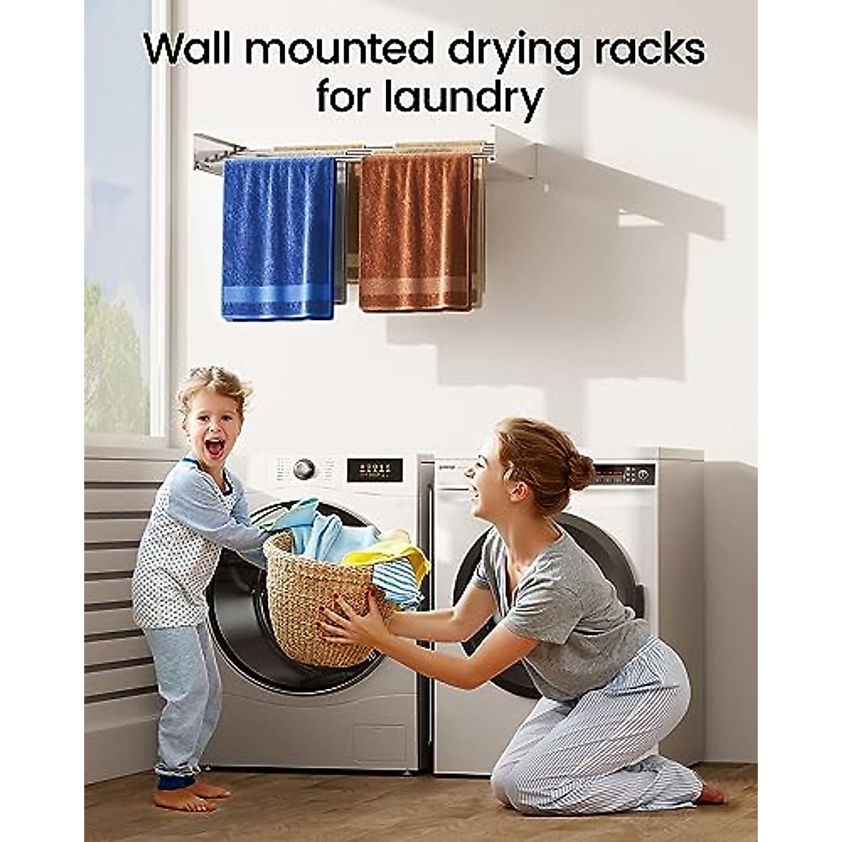 Laundry Drying Rack Collapsible, Wall Mounted Drying Rack, Clothes Drying Rack, Retractable Drying Rack, 31.5" Wide, 13.2 Linear Ft, 5 Aluminum Rods, 60 lb Capacity (White 31.5") Medium