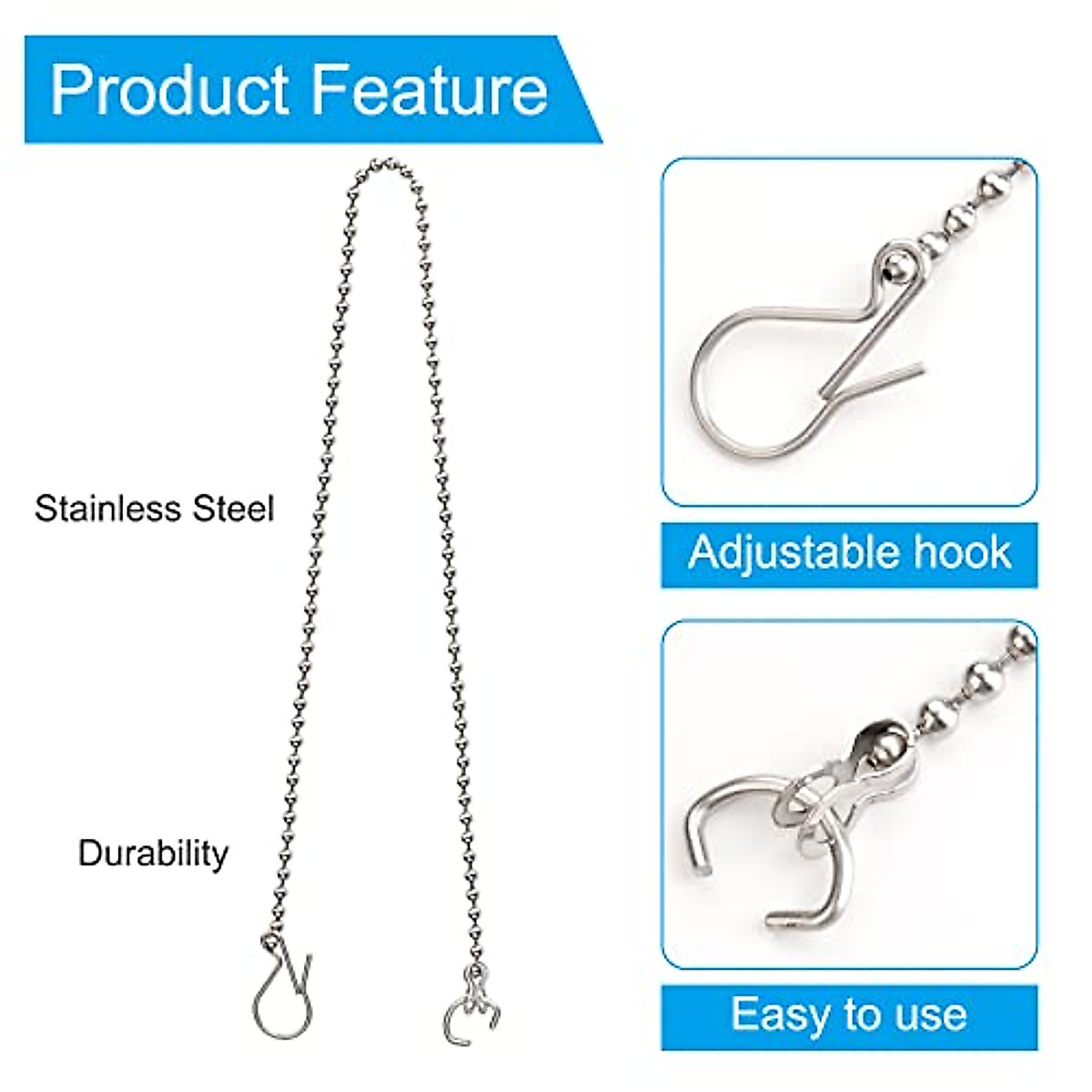 Hibbent 3 Pack Universal Toilet Flapper Chain Replacement Kit,Stainless steel,Including 12-Inch Chain,Hook,Ring