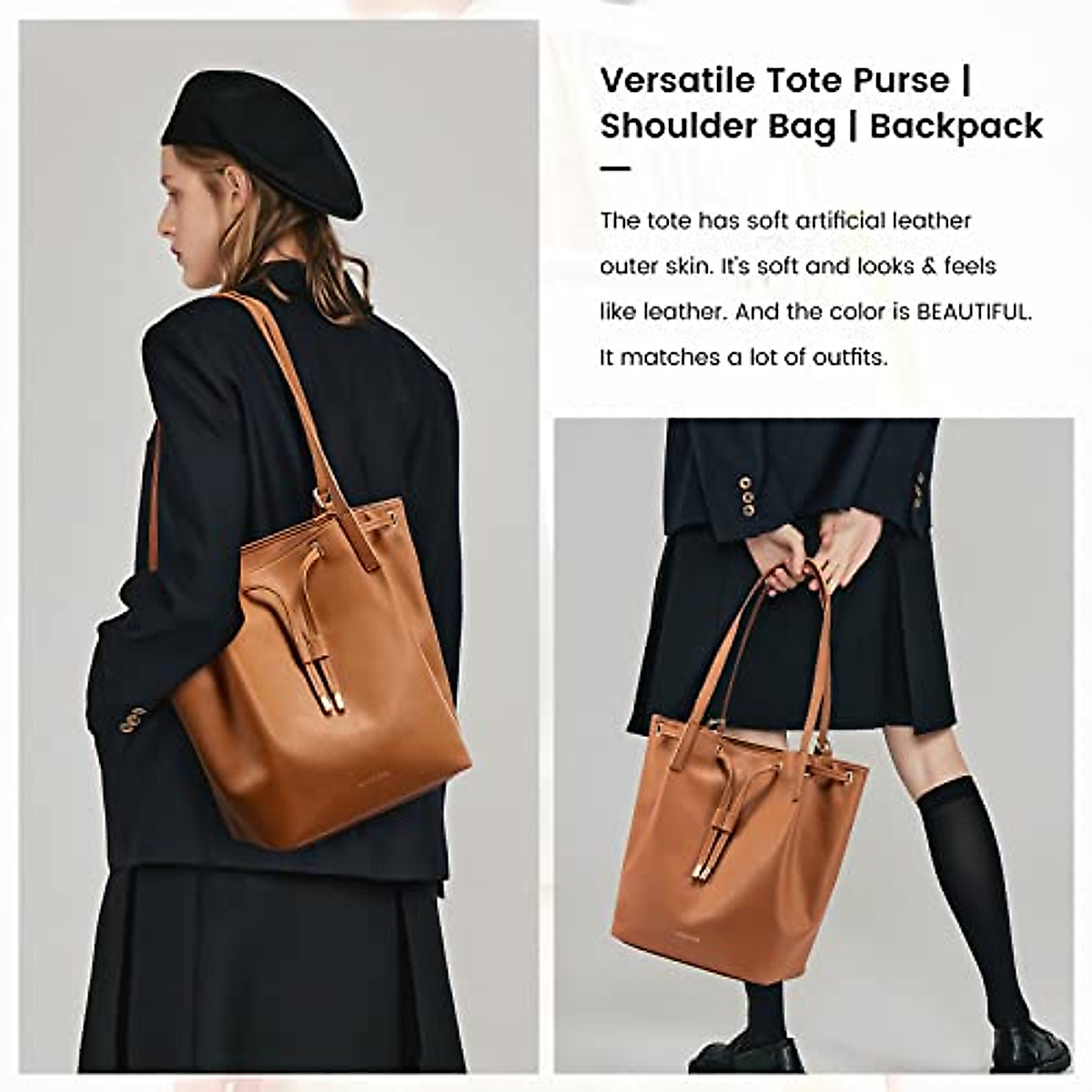 LOVEVOOK Backpack Purses for Women, Tote Bag Convertible PU Leather Backpacks, Fashion Handbag Satchel Bags Casual Back Pack 14 Inch Laptop Backpacks 2PCS, Brown