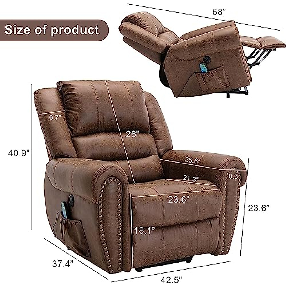 Phoenix Home Power Lift Chair for Elderly, Leather Electric Living Room Recliner, Brown
