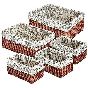 Set of 5 Brown Rectangle Woven Storage Nesting Baskets for Closet Organization, Bathroom Shelves, Pantry, Vanity, Bathroom, Laundry, Dresser, Bookshelf Organizing, Small (3 Sizes)