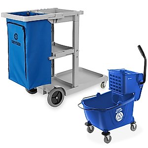 Dryser Commercial Janitorial Cleaning Cart on Wheels with Shelves and Vinyl Bag & Commercial Mop Bucket with Side Press Wringer, 26 Qt. Blue