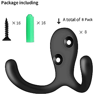 Suprwolf 8 Pack Heavy Duty Double Prong Coat Hooks Wall Mounted with 16 Screws Retro Double Robe Hooks Utility Hooks for Coat, Scarf, Bag, Towel, Key, Cap, Cup, Hat (Black)