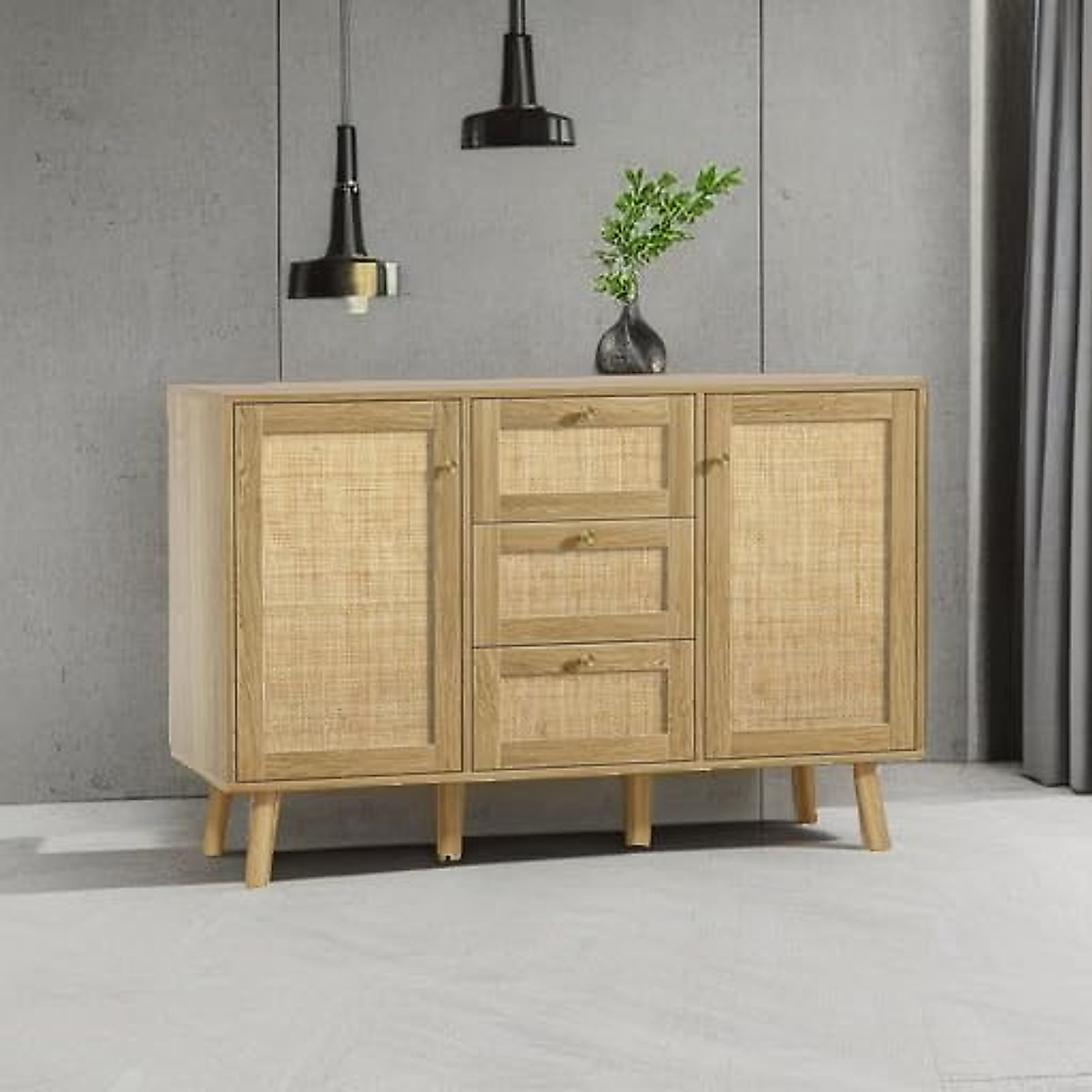 Giluta Sideboard Buffet Cabinet, 3 Drawers Cabinet with 2 Doors Boho Accent Storage Cabinet, Living Room Cupboard Console Table with Adjustable Shelves for Kitchen