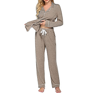 Ekouaer Pyjamas for Women Cute Long Sleeve Sleepwear Elegant Two Piece Button Down Loungewear Pjs Set Ladies Pajama Party Light Grey Khaki,Medium