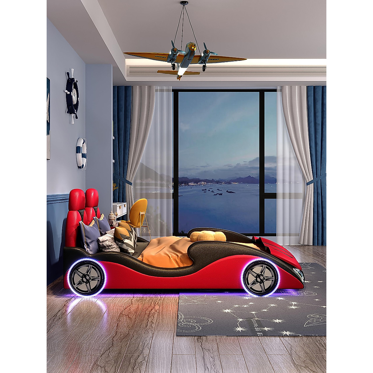 avanez Bed, Sports car Design, Artificial Leather Material, Soft Bed Frame, with Storage Box, can be Separately Equipped with Queen Standard Mattress (red)