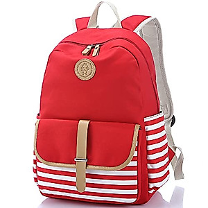 Joyfulife School Backpacks for Teen Girls Lightweight Canvas Backpack Stripe Backpack Kids Bookbags Set 3 in 1 (Red)