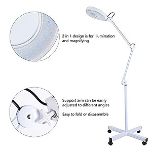 Ejoyous Magnifying Floor Lamp, 5X Glass Lens LED Magnifier Facial Light Rolling Floor Standing Salon Beauty Skincare Tattoo Manicure Equipement with Adjustable Gooseneck - White