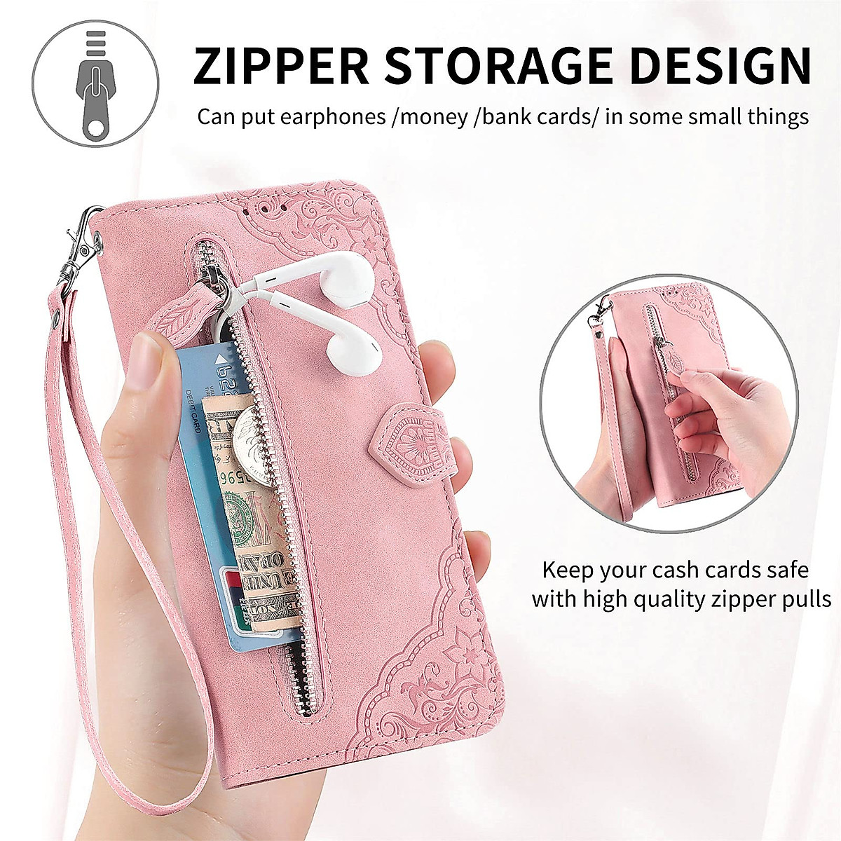 Monwutong Zipper Storage Wallet Case for Redmi Note 12 Pro 5G, Case for Xiaomi Poco X5 Pro,Skin Friendly Feel Leather Case with Muliti-Card Slots Holster for Poco X5 Pro/Note 12 Pro,SZY Pink
