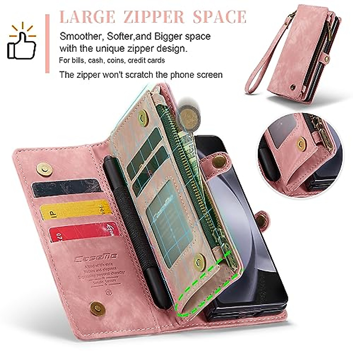 phone flip case Wallet Case Compatible with Samsung Galaxy Z Fold 5,2 in 1 Detachable Premium Leather Magnetic Zipper Pouch Wristlet Flip Phone Case,Matte Soft Leather+TPU Bottom Shell Case W Card Hol
