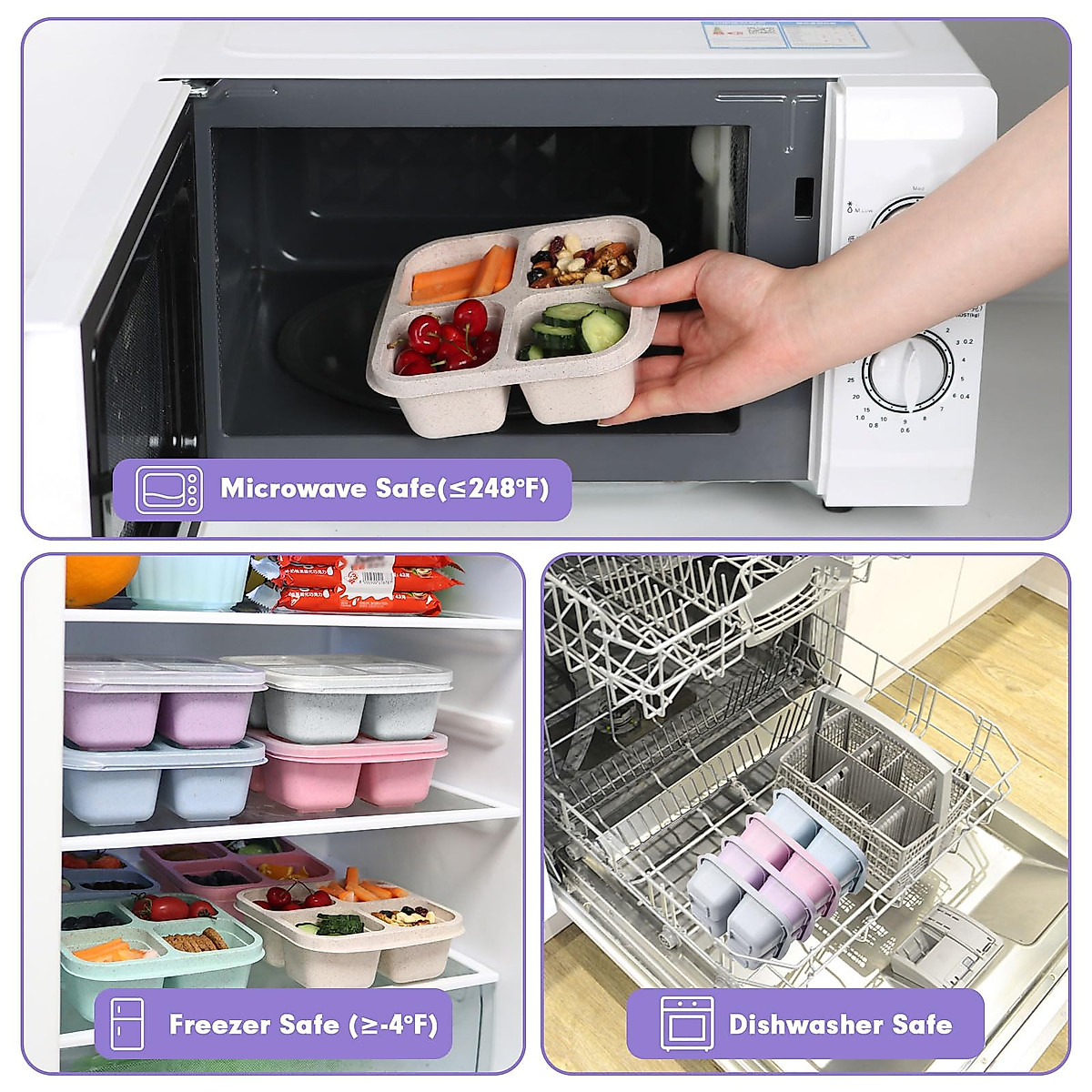 Snack Containers (4 Pack), 4 Compartments Snackle Box Container, Meal Prep Containers Reusable Lunch Containers for Adults, Microwave & Dishwasher Safe, Divided Bento Snack Box for Work, Travel