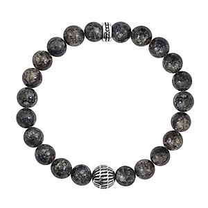 Geoffrey Beene Natural Stone Elastic 9mm Beaded Bracelet with Black Good Fortune Piece (Grey)