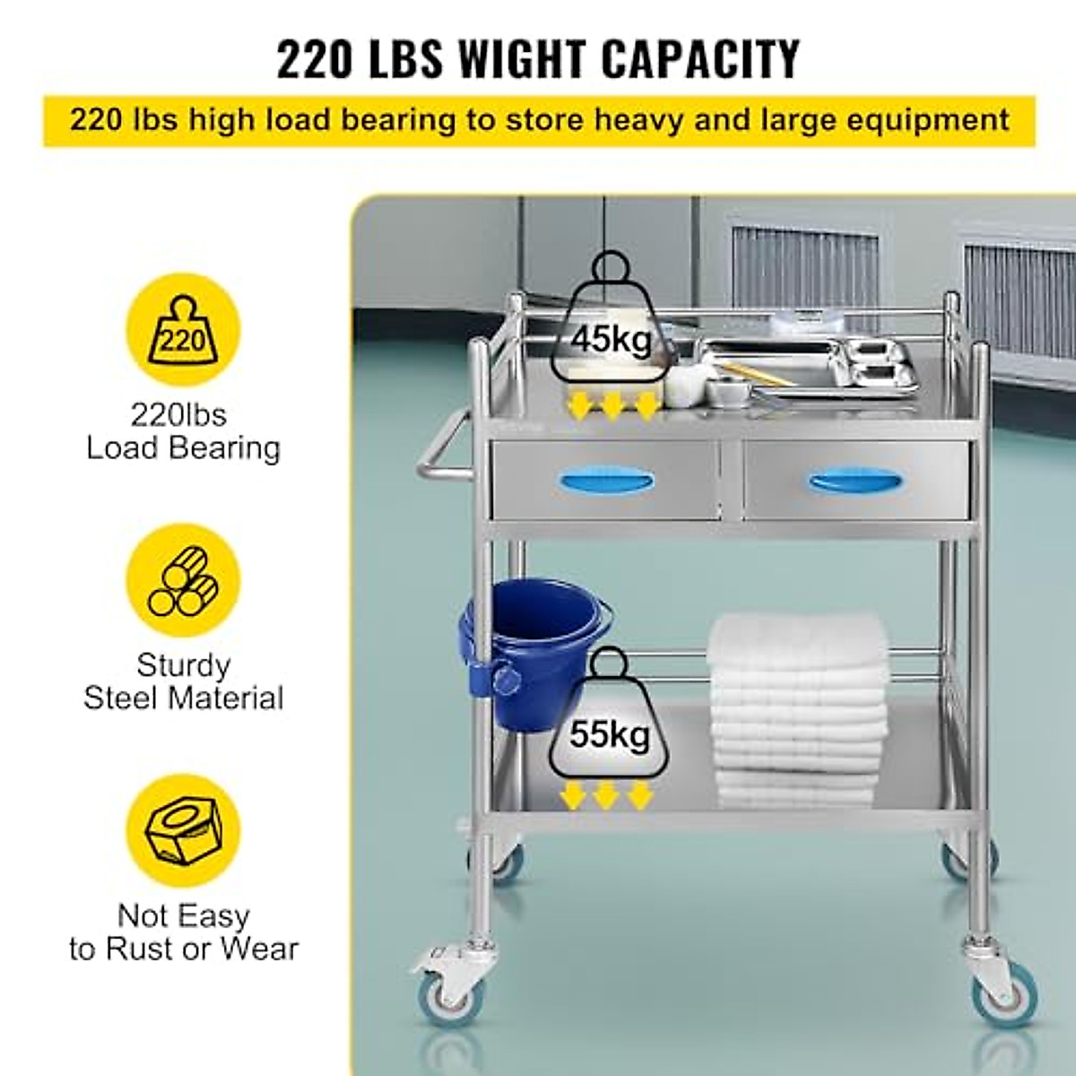 VEVOR Lab Serving Cart, 2 Layers Stainless Steel Utility Rolling Cart, Medical Cart with Two Drawers, Dental Utility Cart with Lockable Wheels and A Bucket, for Laboratory, Hospital, Dental Use