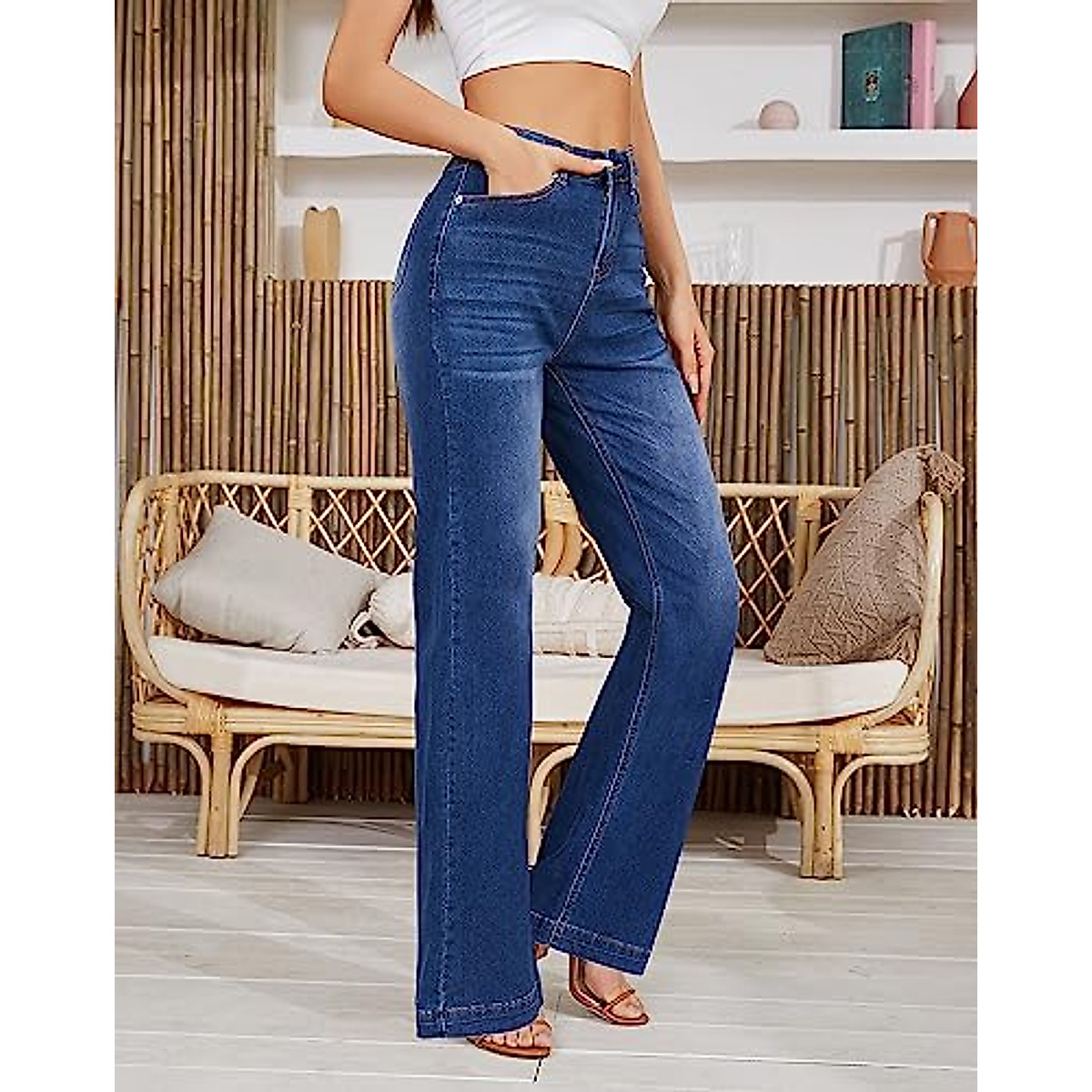 Qazel Vorrlon Wide Leg Jeans High Waisted Flare Baggy Jeans for Women Boyfriends Straight Jeans Stretch Denim Pants Trendy Y2K Dark Blue