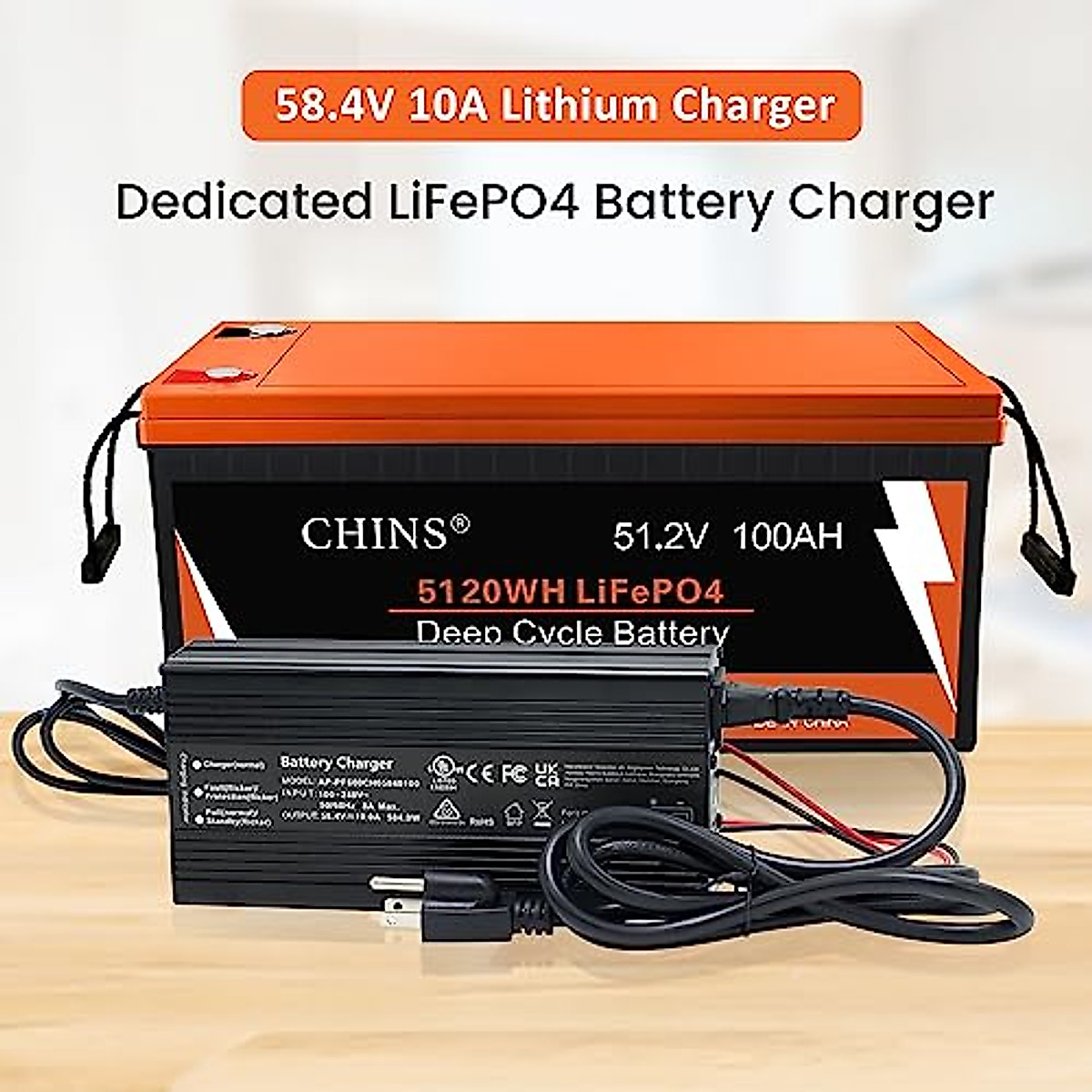 CHINS Bluetooth LiFePO4 Battery Smart 48V 100AH Lithium Battery, Includes 48V 10A Lithium Battery Charger, Perfect for Golf Cart, Trolling Motor, Marine, Peak Current 500A