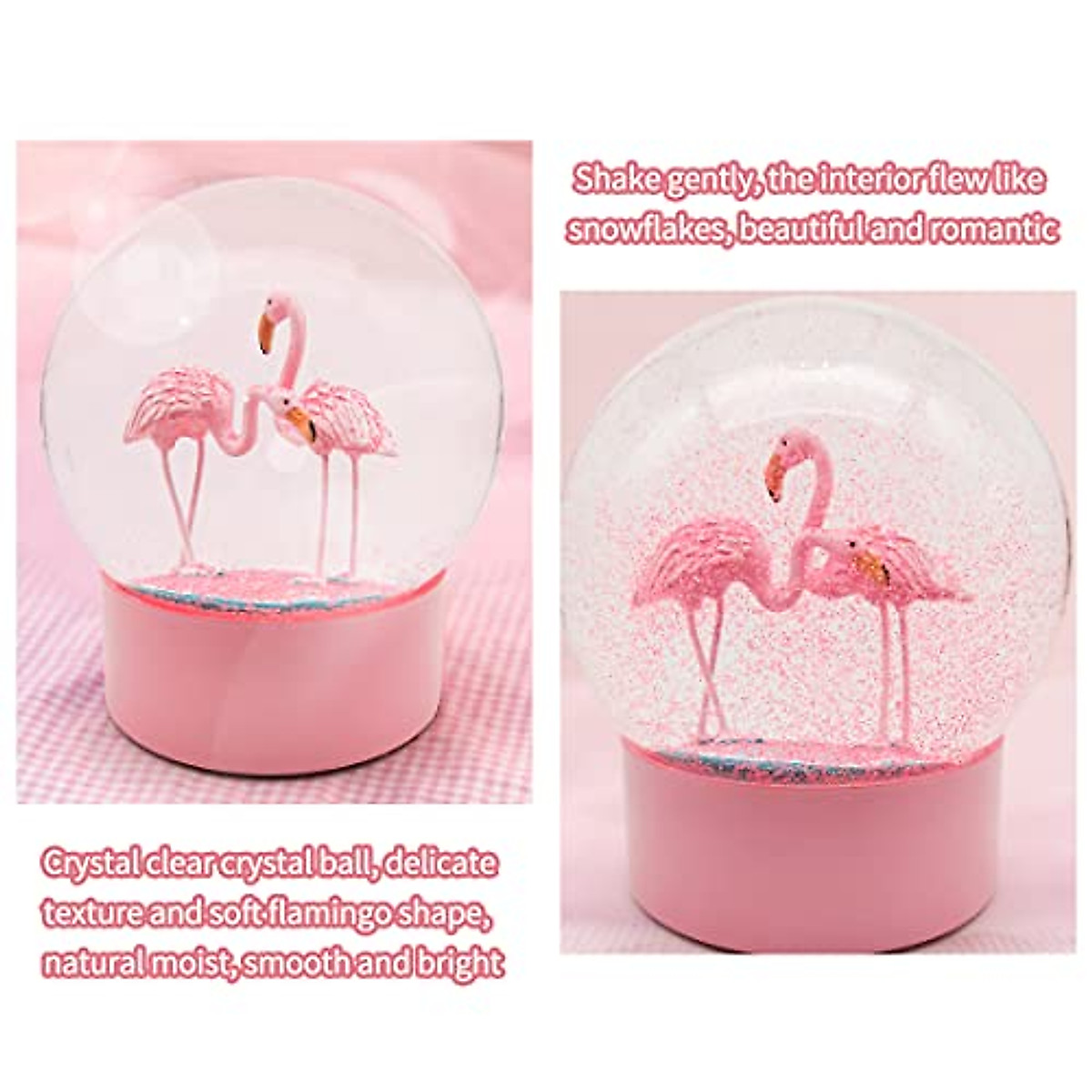 Mingfuxin Snow Globe, Pink Flamingos Snow Globe for Kids, Glitter Glass Snowglobes for Women Girls, Snow Globes Home Office Table Decor Birthday Gift, 100MM Pink Flamingos Valentines Snow Globe