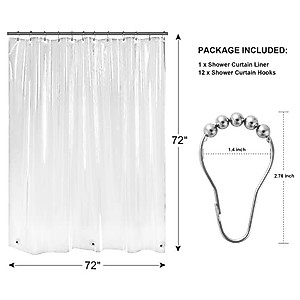 AmazerBath Clear Shower Curtain Liner, 72x72 Plastic Shower Liner with 12 Shower Curtain Hooks, Waterproof Shower Curtain Liner, Cute Shower Curtains for Bathroom with Magnets and 12 Grommet Holes