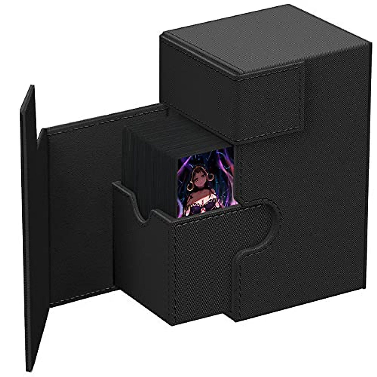 Scimi Deck Box for Trading Card Games, MTG Commander Deck Box Comtains 100 Double Sleeved Cards, Leather Card Storage Case Fits TCG CCG Cards (Black Inner Layer)