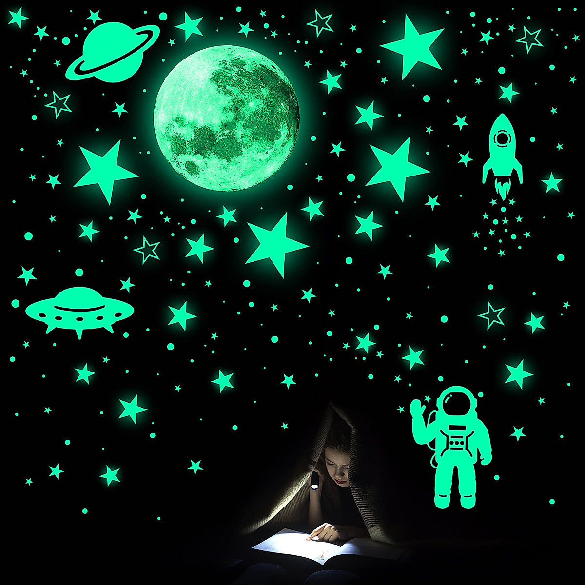 1078 PCS Glow in The Dark Stars for Ceiling, Glowing Stars for Ceiling Planets, Stars Wall Decals, Solar System Galaxy Space Nursery Wall Stickers Rocket Astronaut Kids Boys Room Decorations Bedroom
