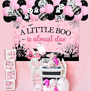 Halloween Baby Shower Decorations for Girl, A Little Boo is Almost Due Baby Shower Decorations, Halloween Balloon Garland with Baby Boxes for Pink Black Little Boo Party Decor
