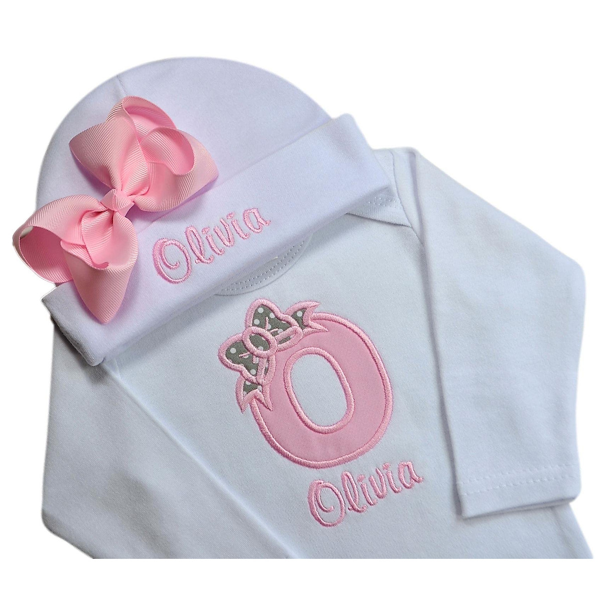 Baby Girl Embroidered INITIAL Bodysuit and MATCHING Beanie HAT Gift SET with Your Custom Name (PINK & GRAY DOT) (0-3 MONTHS)