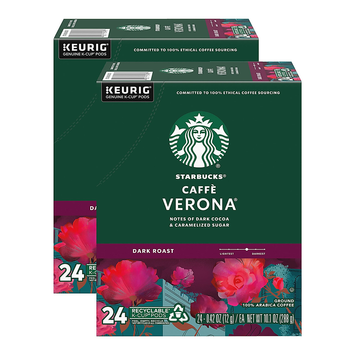 Starbucks Coffee K-Cup Pods, Caffè Verona, Dark Roast Coffee, Notes of Dark Cocoa & Caramelized Sugar, Keurig Genuine K-Cup Pods, 24 CT K-Cups/Box (Pack of 2 Boxes)
