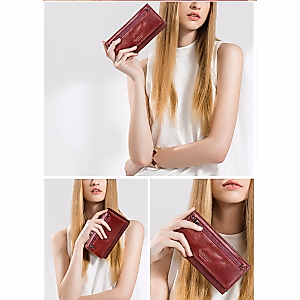 Contacts Women Real Leather Zipper Coin Clutch Purse Phone Wallet (Red)