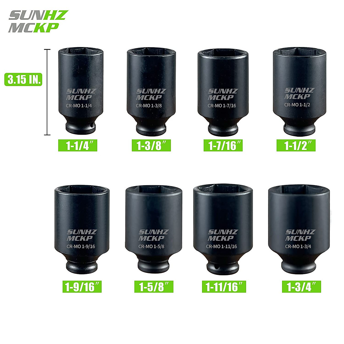 SUNKPMCKP 1/2" Drive Deep 6-Point Impact Socket Set, 8-Piece Standard SAE Spindle Axle Nut Impact Socket Set, Cr-Mo, 1-1/4-Inch to 1-3/4-Inch Size