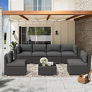 Oakcloud 7-Piece Outdoor Patio Furniture Sofa Set Black Rattan Wicker Sectional Conversation Sets with Glass Top Table and Cushions(Grey)