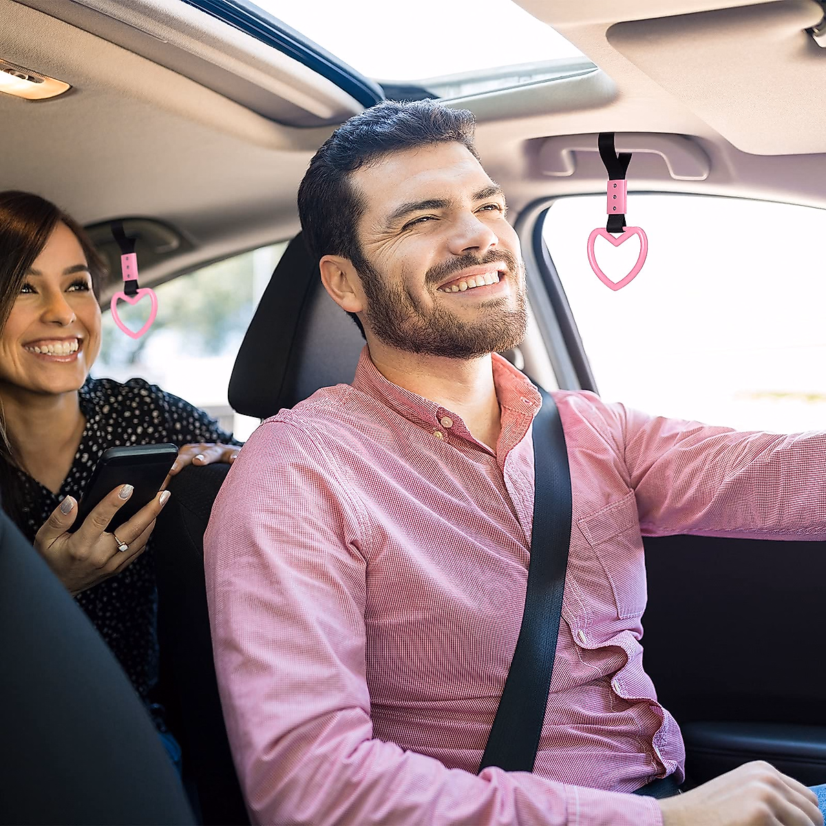 4 Pieces Rings Heart Shaped Car Handle Straps Bumper Warning Ring Decor Subway Bus Heart Handle for Car Interior (Pink)