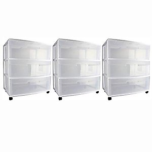 Sterilite At Home Plastic 3 Drawer Wide Storage Cart Container with Removeable Casters for Bathroom, Bedroom, and Dorm Organization (3 Pack)