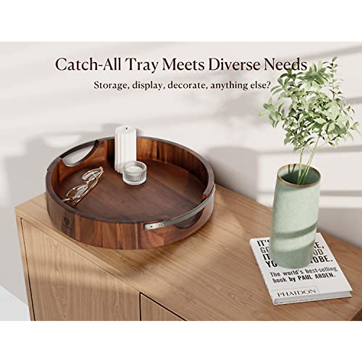 Dofira Acacia Wood Serving Tray with Metal Handles, 14" Round Food Drinks Tray for Coffee Table, Breakfast, Dinner & Bar, Rustic Decorative Storage Tray for Ottoman, Kitchen, Bedroom (Gift Packaging)