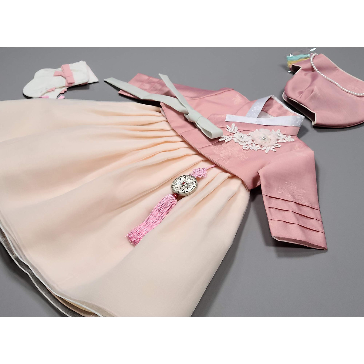 100 Day Birth Hanbok Korea Traditional Dress Lovely Dusty Pink Top Chiffon Layers Skirt