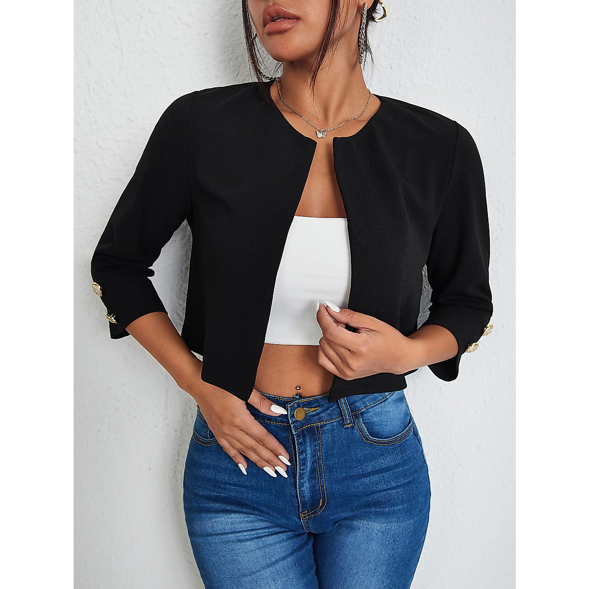 WDIRARA Women's Open Front 3/4 Sleeve Button Cuff Crop Blazer Casual Jackets Black S