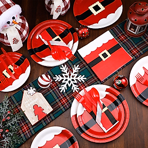 Bokon 96 Pcs Santa Belt Plates Christmas Party Supplies Disposable Party Dinnerware Set Christmas Napkins Knives Forks Spoons Christmas Party Decorations for Xmas Holiday Dinner Home Serves 24