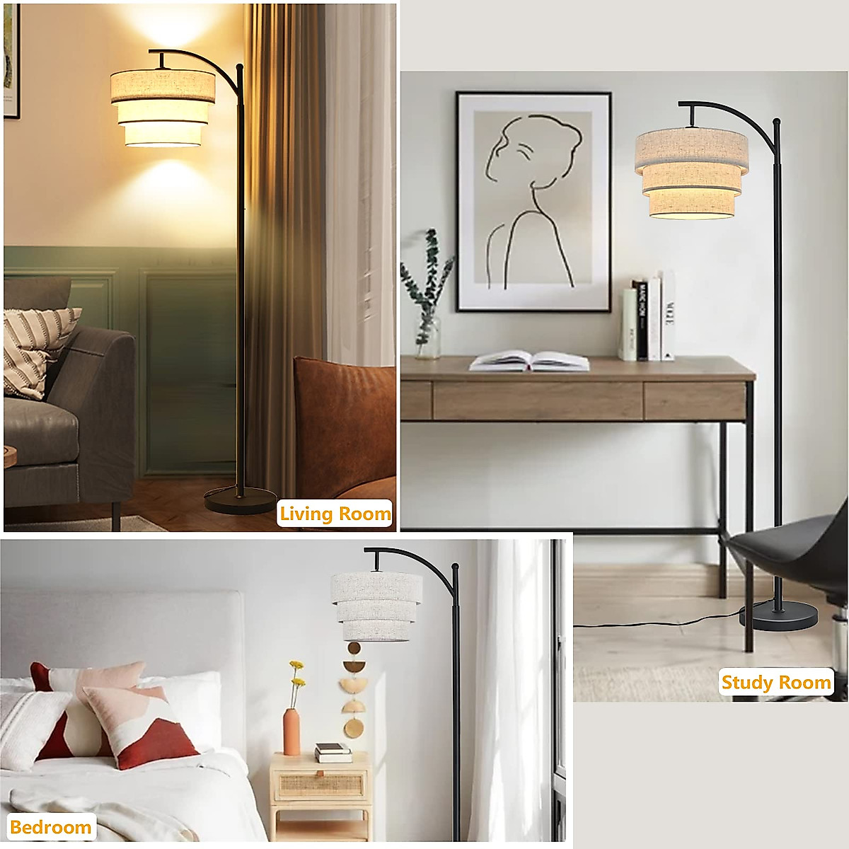 【Upgraded】Remote Control Arc Floor Lamp Stepless Dimmable 3 Color Temperature, Black Tall Pole Lamp, Modern Standing Lamps for Living Room, Bedrooms, Office, Unique 3-Layer Lampshade(Bulb Included)