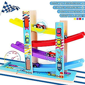 Montessori Toys for Toddlers, Children Race Track Toy with 4 Cars and 1 Wooden Parking Lot, Stable Base, Car Ramp Toy for 1 2 3 Year Old Boy Girl Gifts