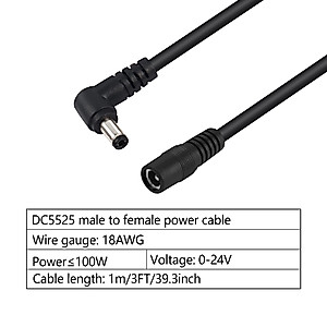 GINTOOYUN 2 Pack DC5525 Power Extension Cable, DC 5.5mm x 2.5mm Right Angle Male to Female Power Adapter Cable，3FT 18AWG Heavy Duty Cord for Strip Lihgt,CCTV,Car,Monitors,etc. 1M