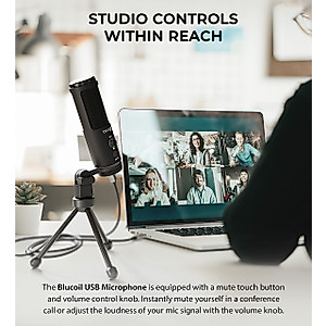 Blucoil USB Cardioid Condenser Microphone with 3.5mm Headphone Jack, Volume Control, Mute Button, and Tripod - Compatible with Mac, Windows, Linux, Chrome, Zoom, Google Meet, Microsoft Teams, and more