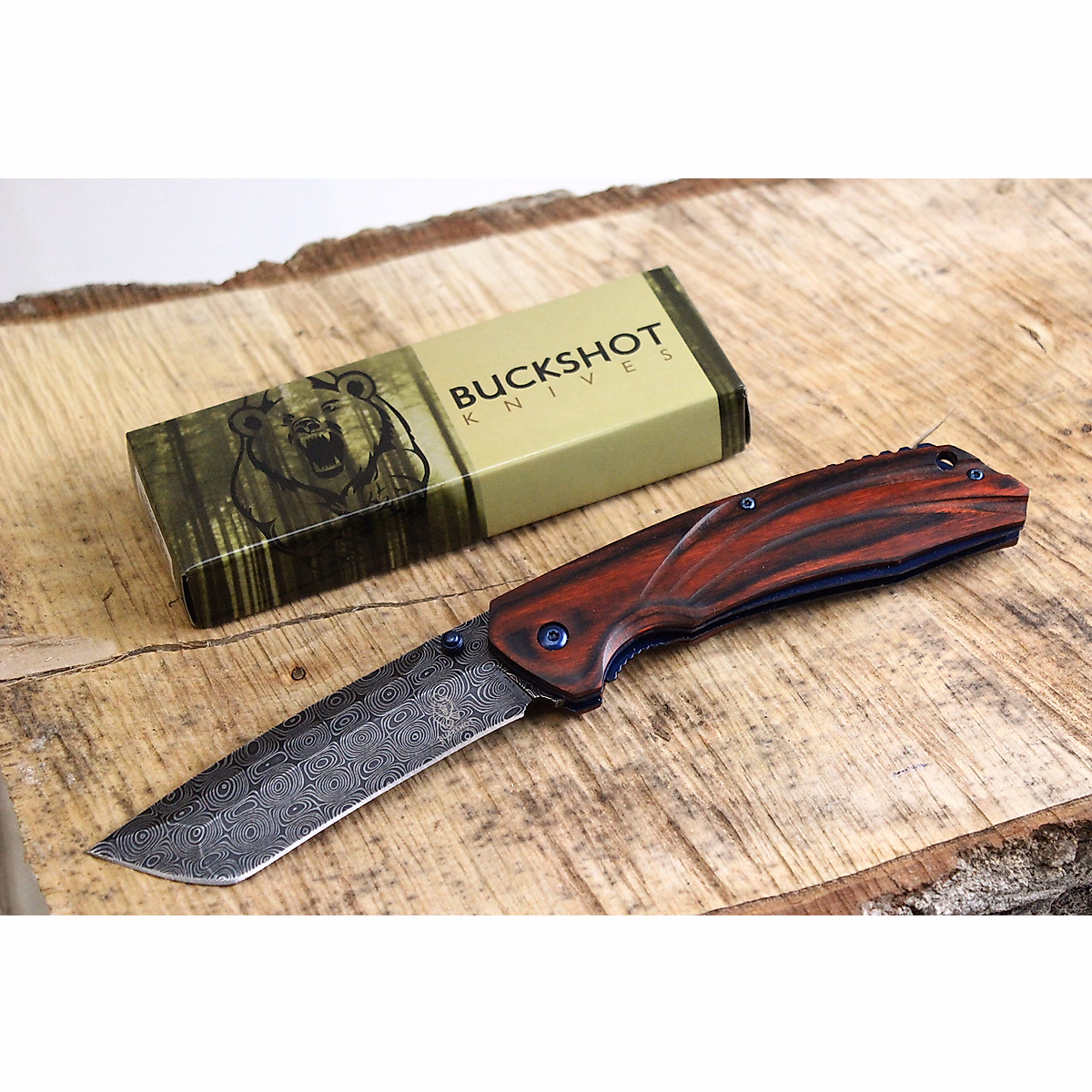 Buckshot Knives PBK220 Thumb Open Spring Assisted Tanto Cleaver Classic Wood Handle Pocket Knives (PBK220DS)
