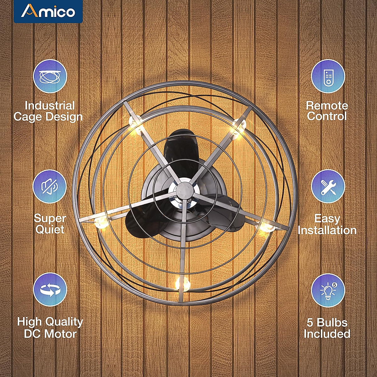 Amico 20 in caged ceiling fans with lights bladeless